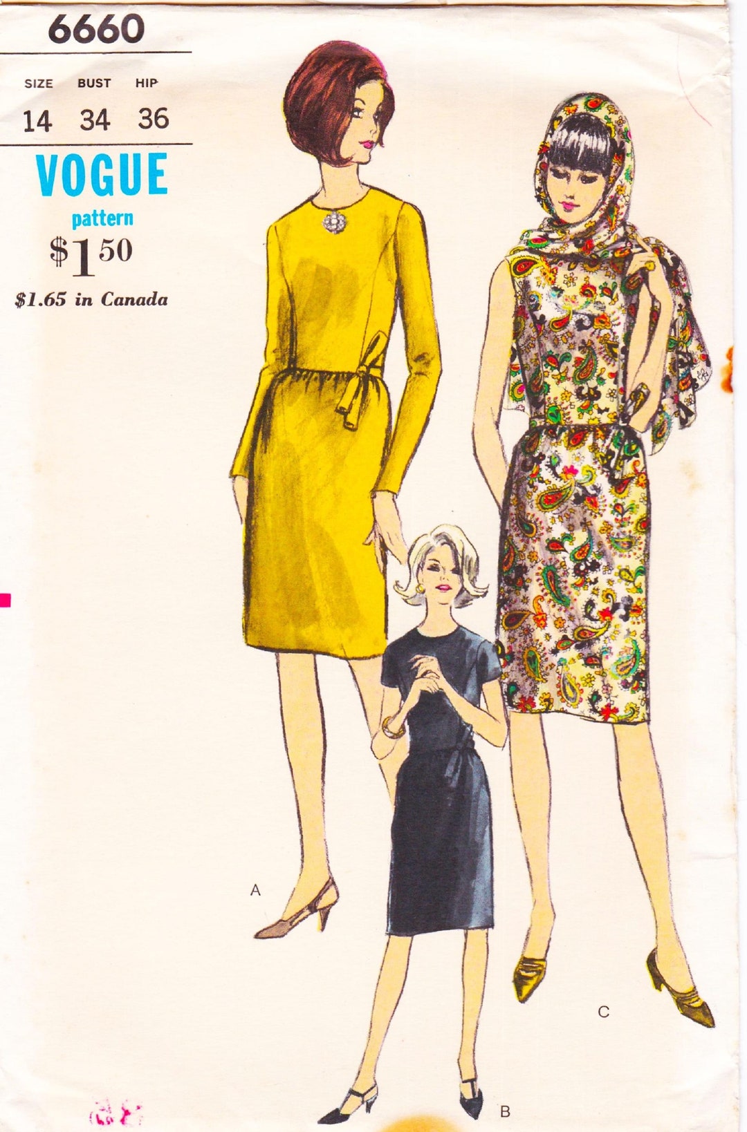 Vogue 6660 Vintage 1960s Sewing Pattern Dress and Scarf Size 14 Bust 34 ...