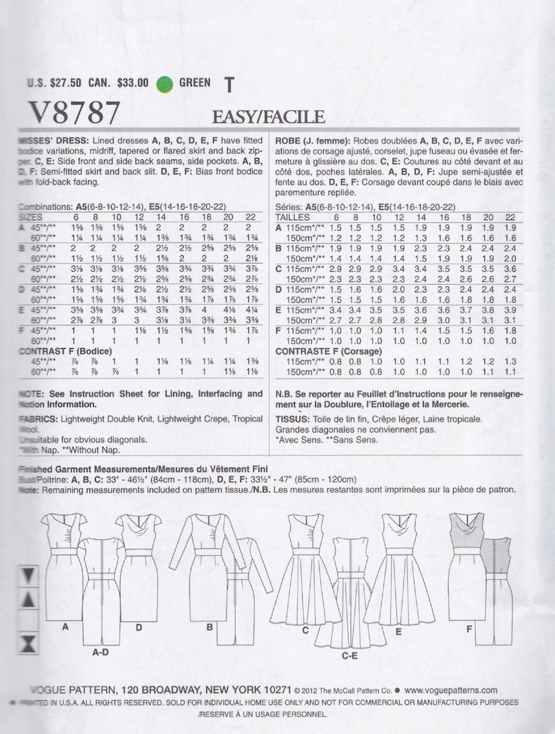 Vogue Easy Options 8787 Sewing Pattern Dress Sizes 6 8 10 12 14 Uncut ...