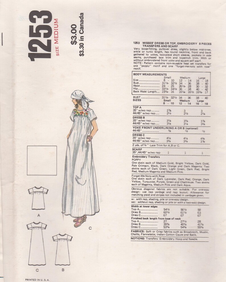 Vogue 1253 Vintage Sewing Pattern With Embroidery Transfer Dress Top ...