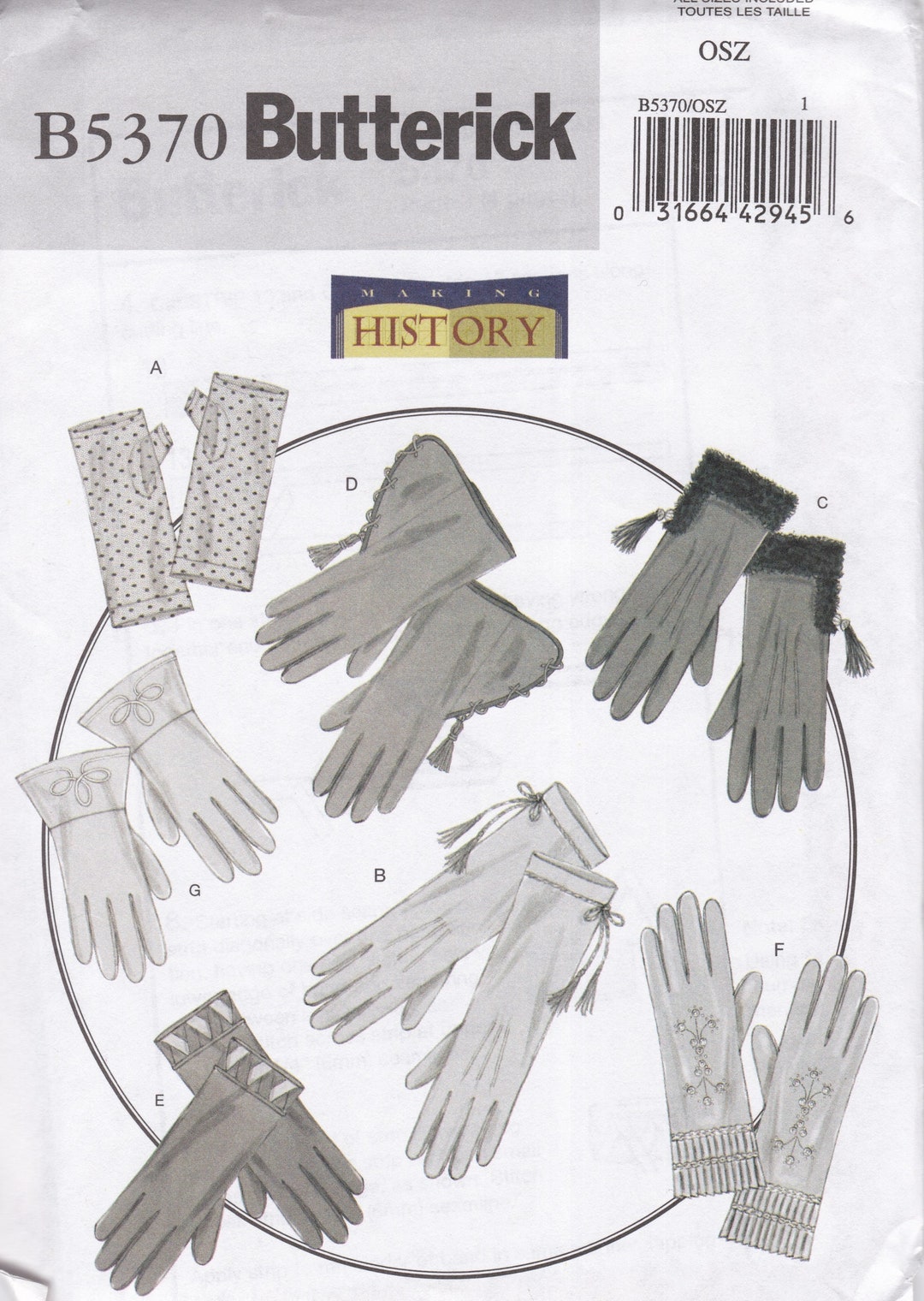 Butterick 5370 Making History Sewing Pattern Historical Costume Gloves ...