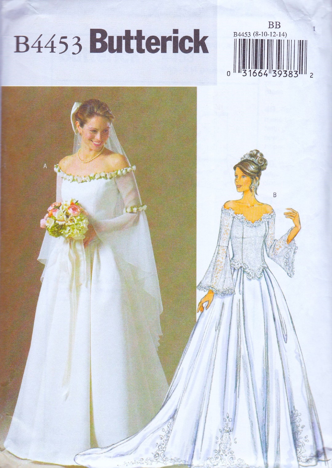 Butterick 4453 Bridal Sewing Pattern Wedding Dress Gown Sizes 8 10 12 ...