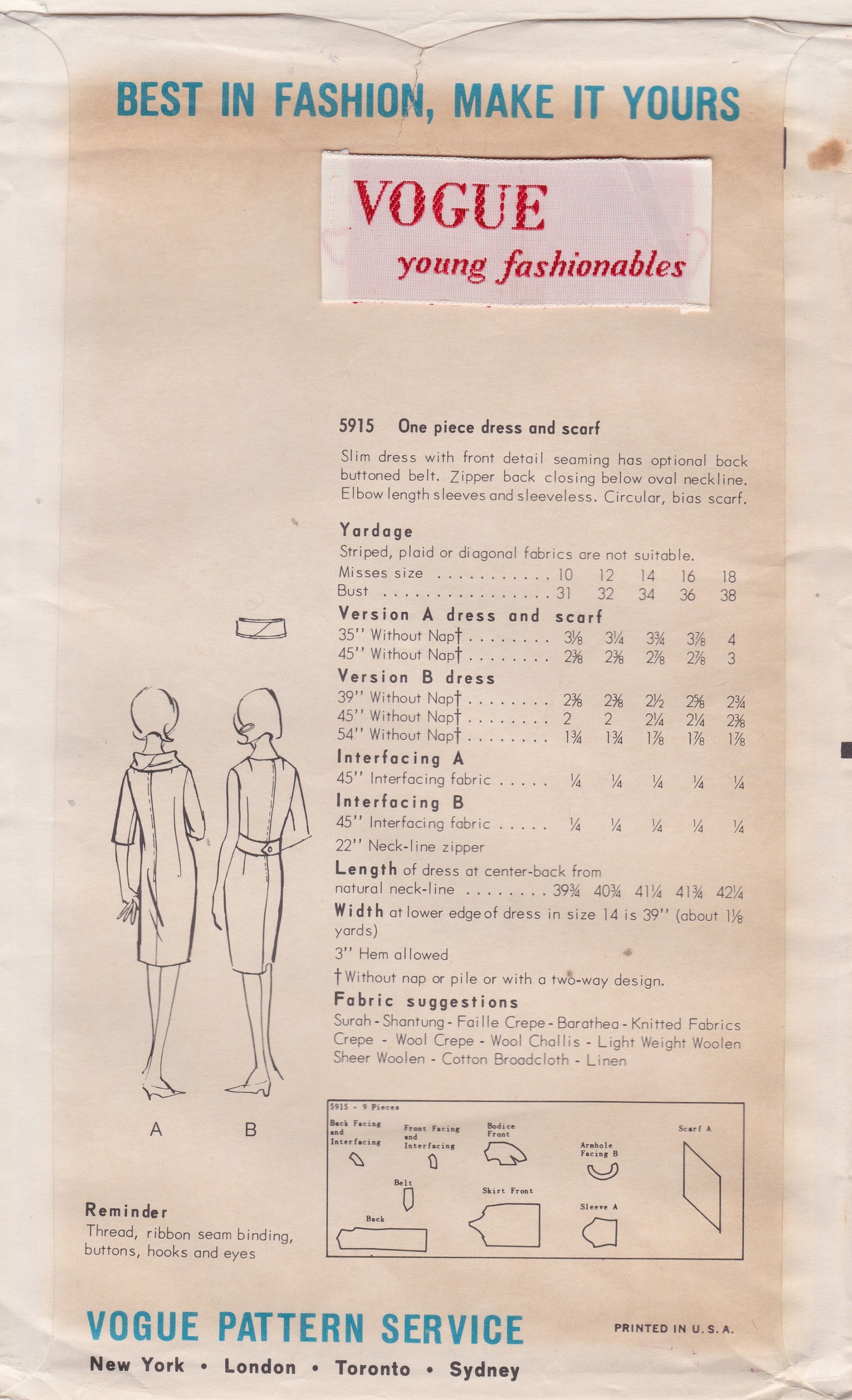 Vogue 5915 / Vintage 1960s Sewing Pattern With Label / Dress / | Etsy