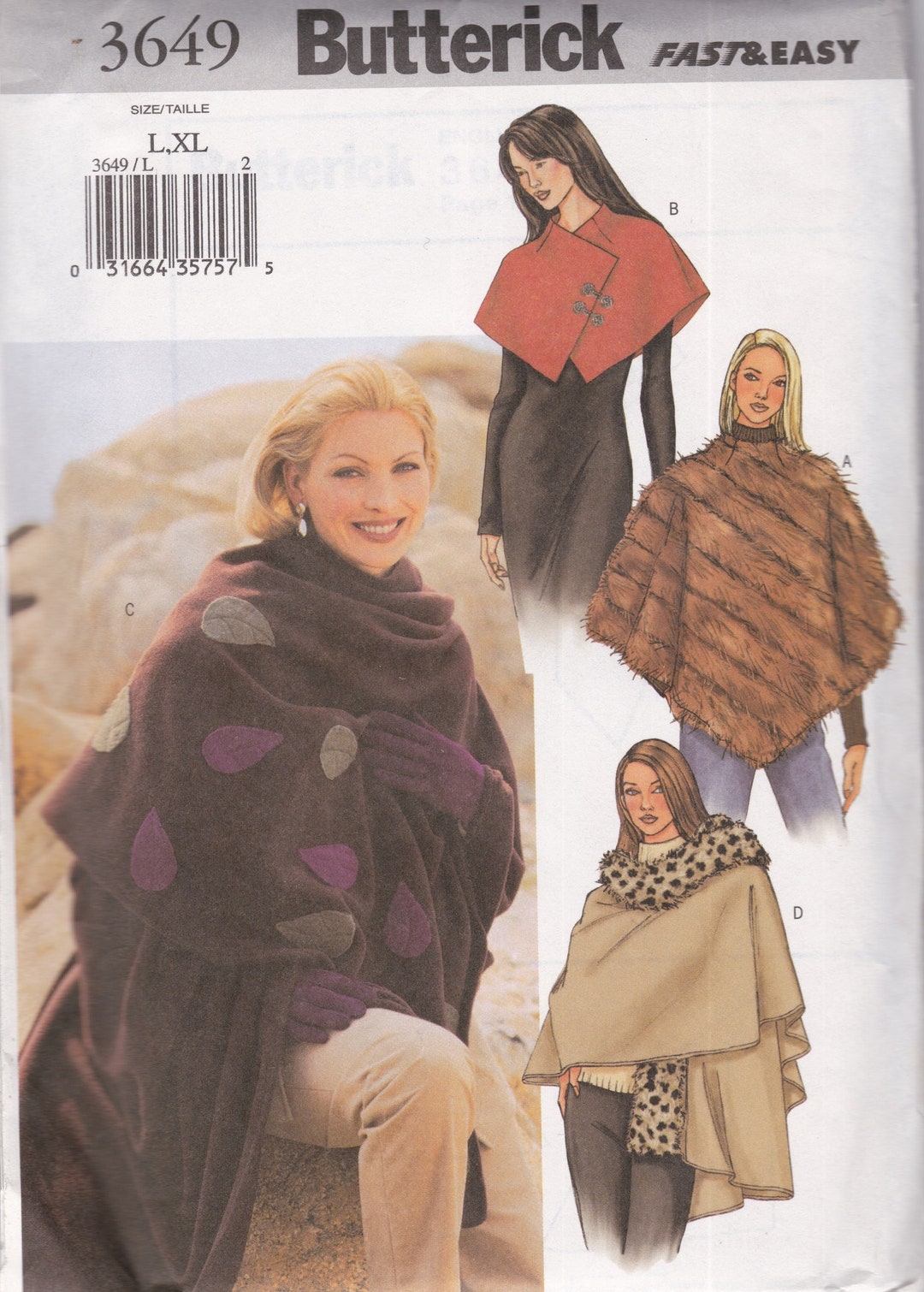 Butterick 3649 Vintage Fashion Accessories Sewing Pattern Cape Capelet ...
