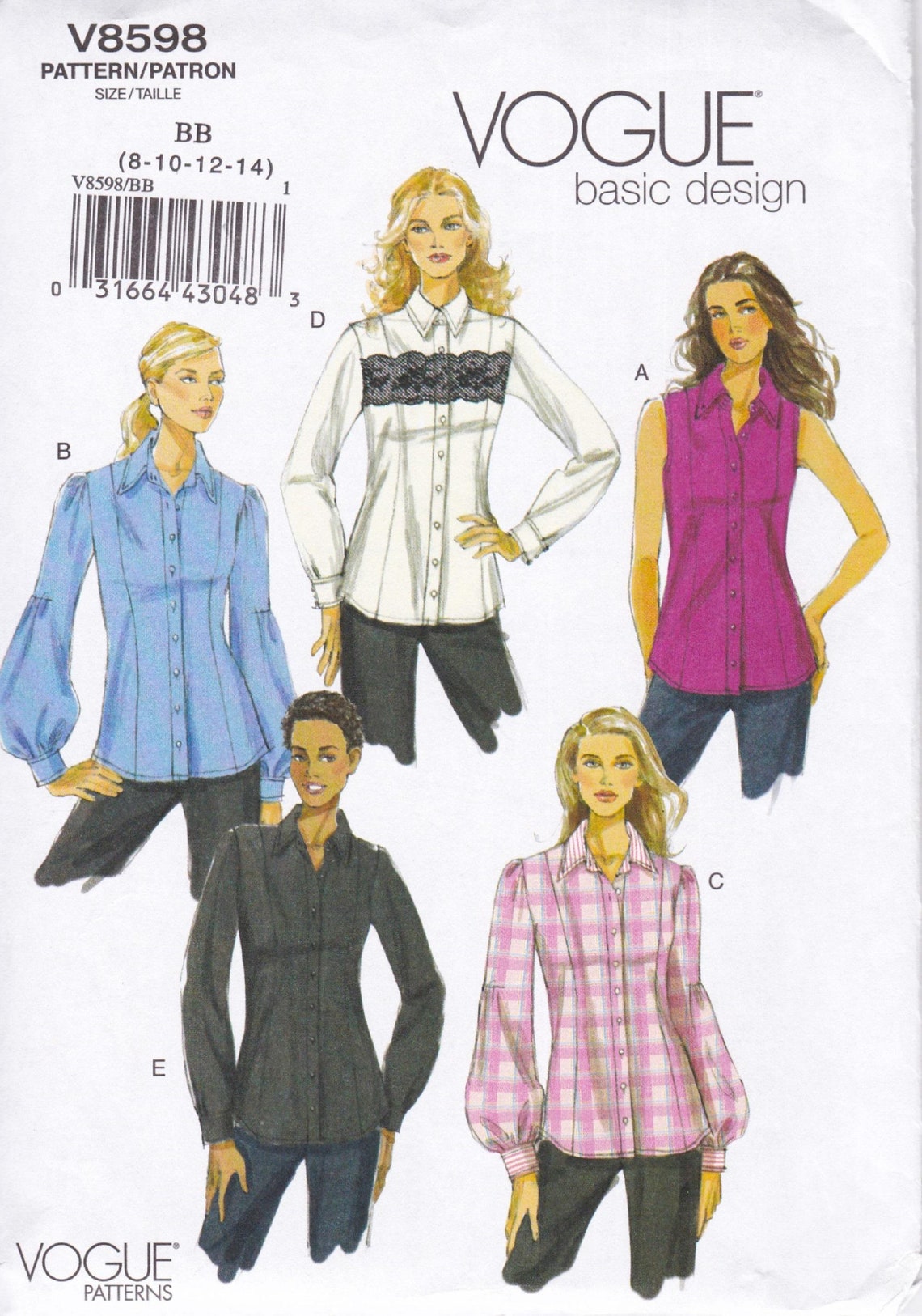 Vogue Basic Design 8598 Sewing Pattern Shirt Blouse Top Sizes 8 10 12 ...