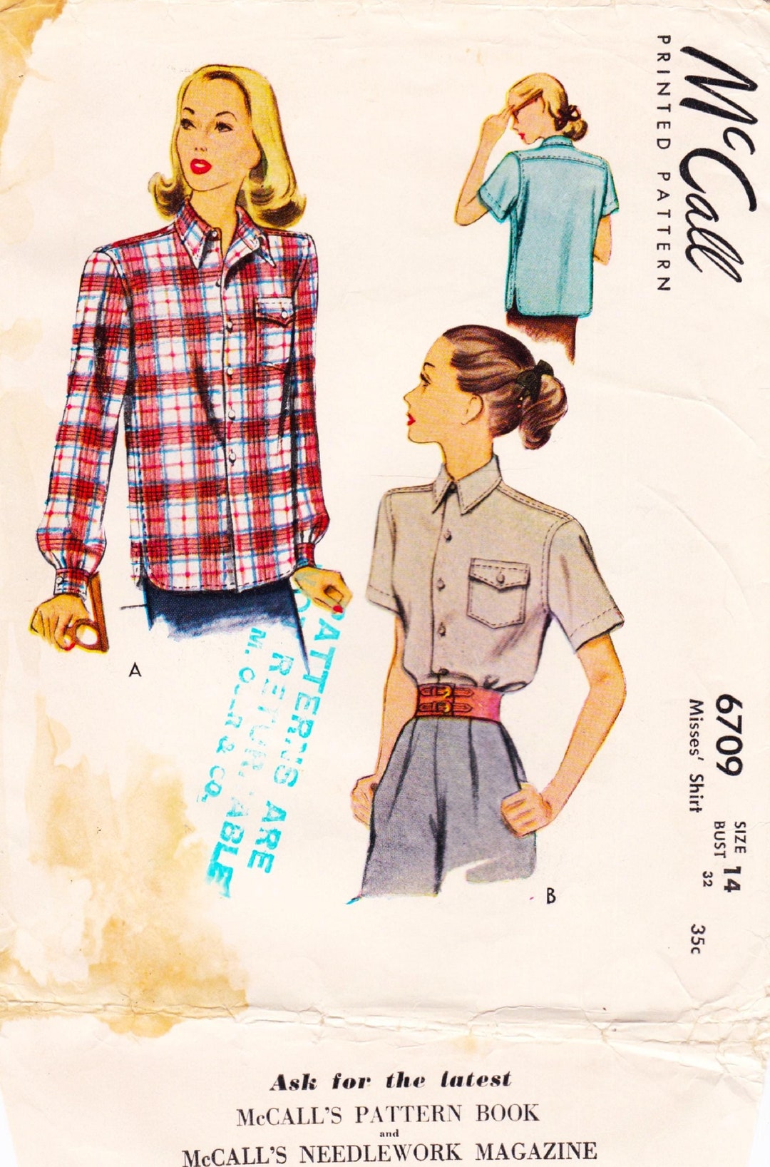 Mccall 6709 Vintage 1940s Sewing Pattern Blouse Shirt Top Size 14 Bust ...