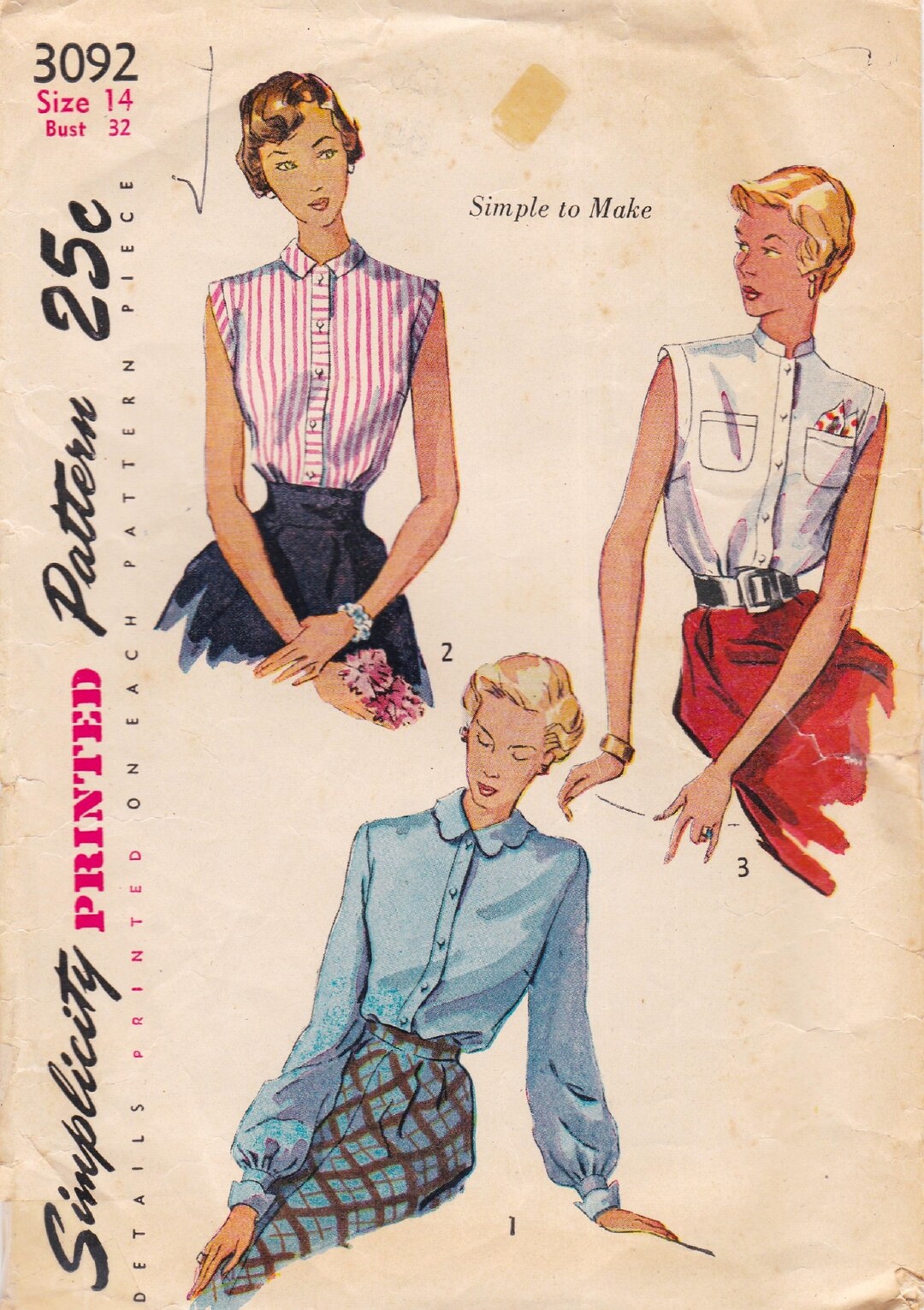Simplicity 3092 Vintage 1950s Sewing Pattern Blouse Shirt Top Size 14 ...