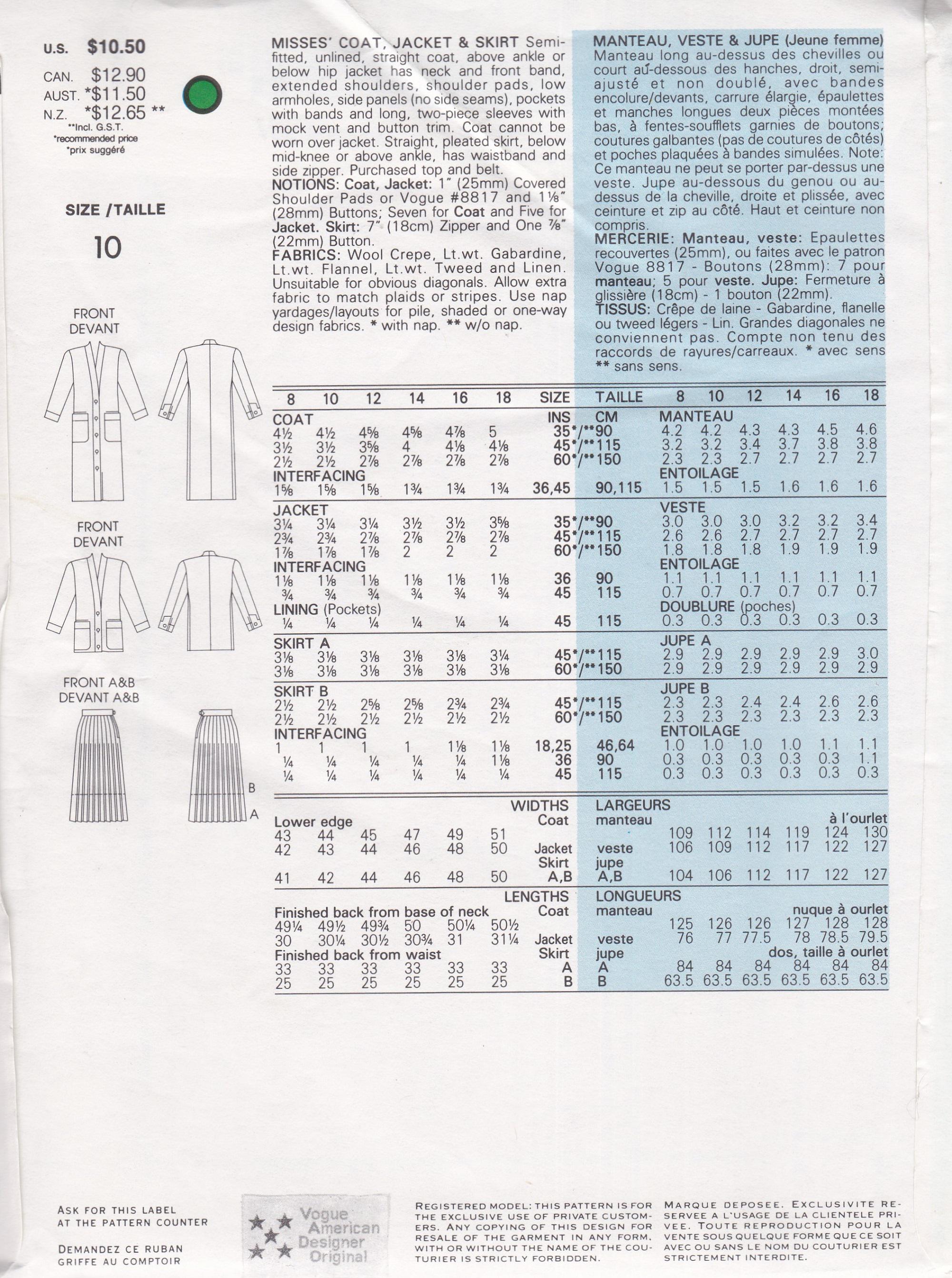 Vogue 1775 Vintage Perry Ellis Designer Sewing Pattern Coat Jacket ...