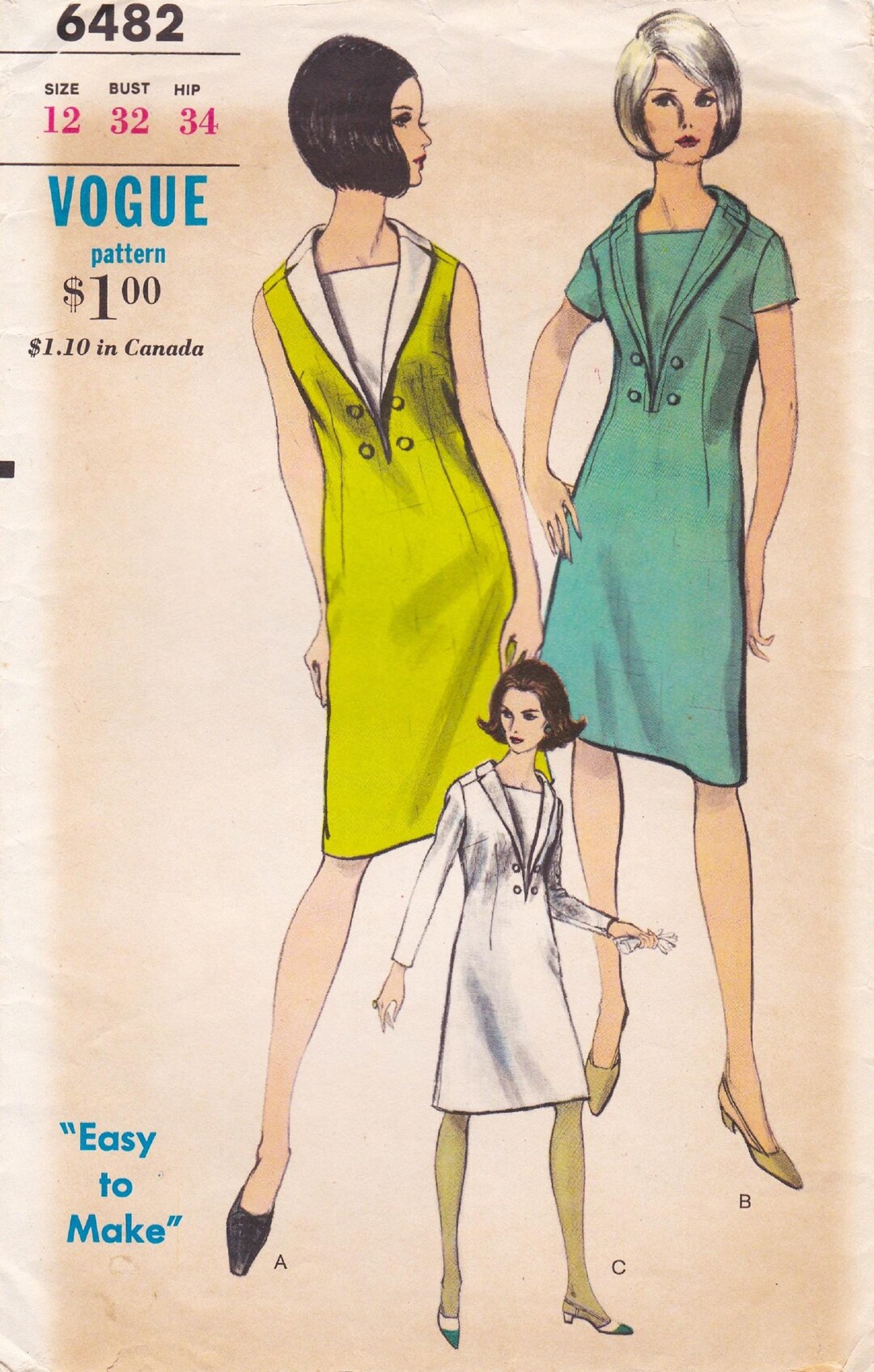 Vogue 6482 Vintage 1960s Sewing Pattern Dress Size 12 Bust 32 - Etsy
