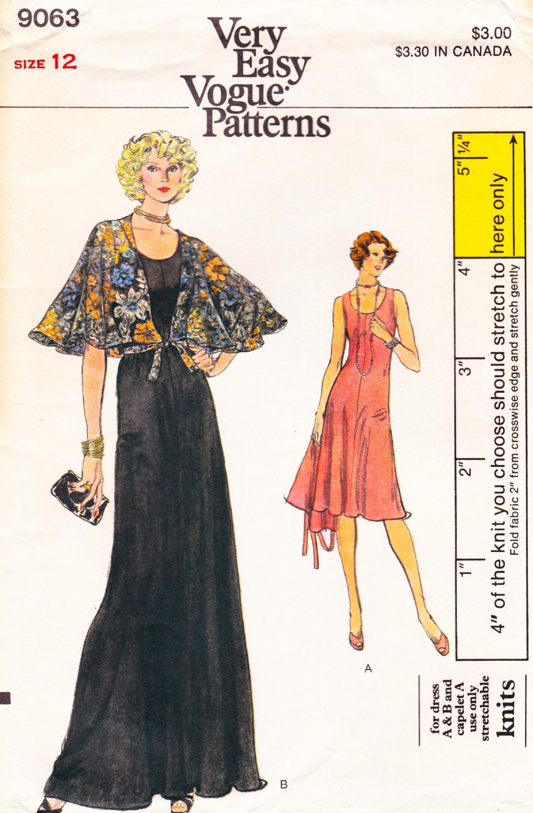 Very Easy Vogue 9063 Vintage 1970s Sewing Pattern Dress Gown Cape Size ...