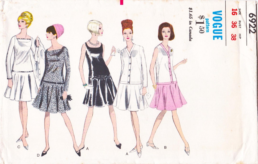 Vogue 6922 Vintage 1960s Sewing Pattern Dress Vest and Jacket Size 16 ...