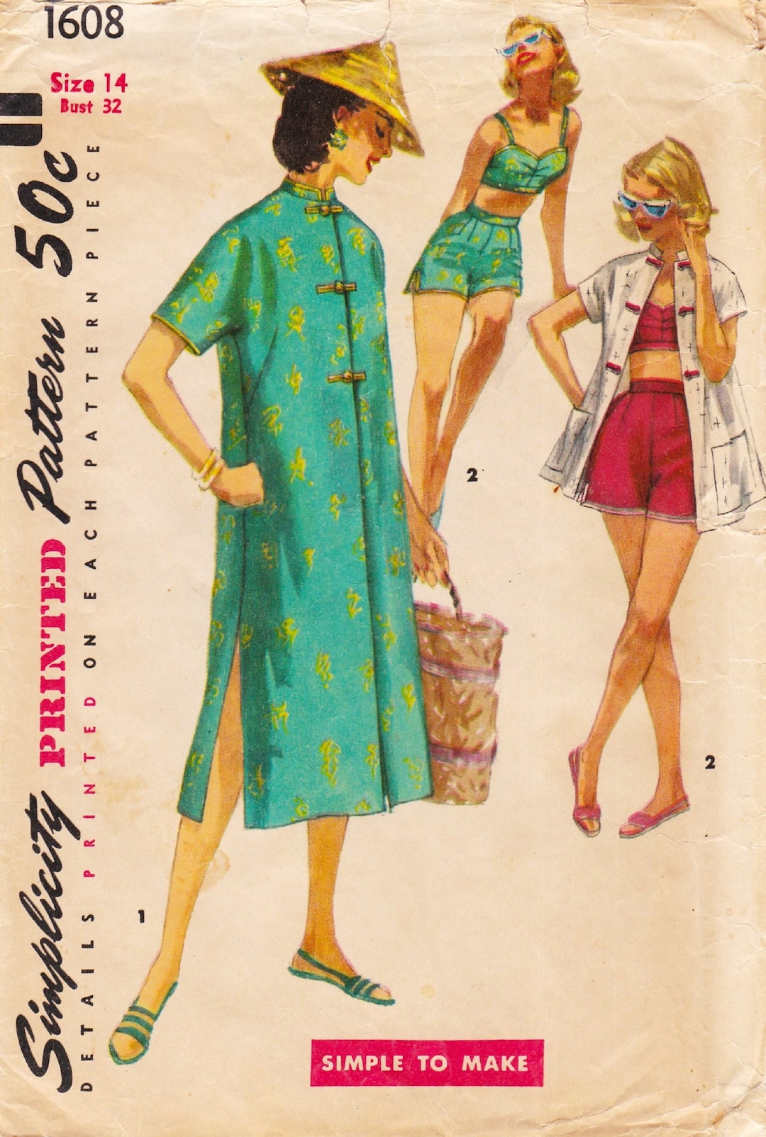 Simplicity 1608 Vintage 1950s Sewing Pattern Swimsuit Playsuit and ...