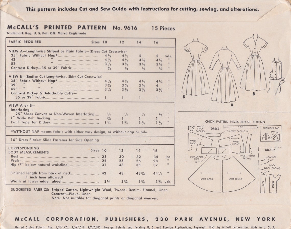 Mccalls 9616 / Vintage 1950s Sewing Pattern / Dress / Size 14 - Etsy