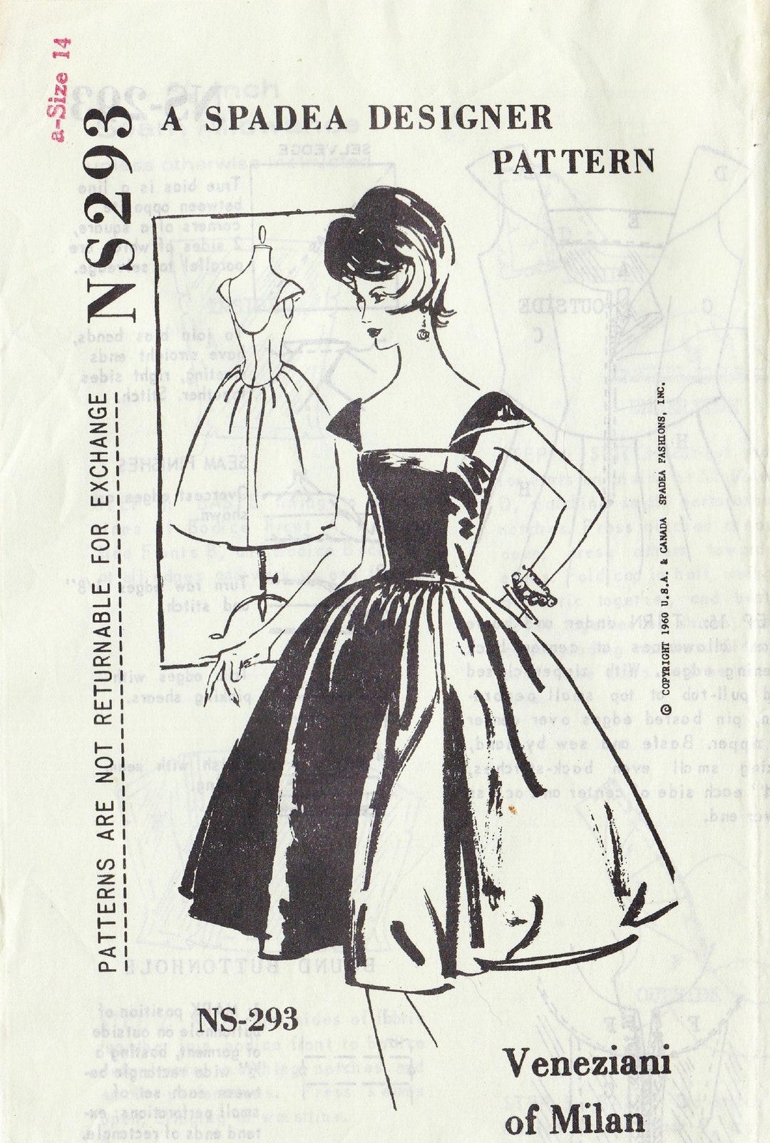 Spadea NS 293 Vintage 1960s Designer Sewing Pattern by Veneziani of ...