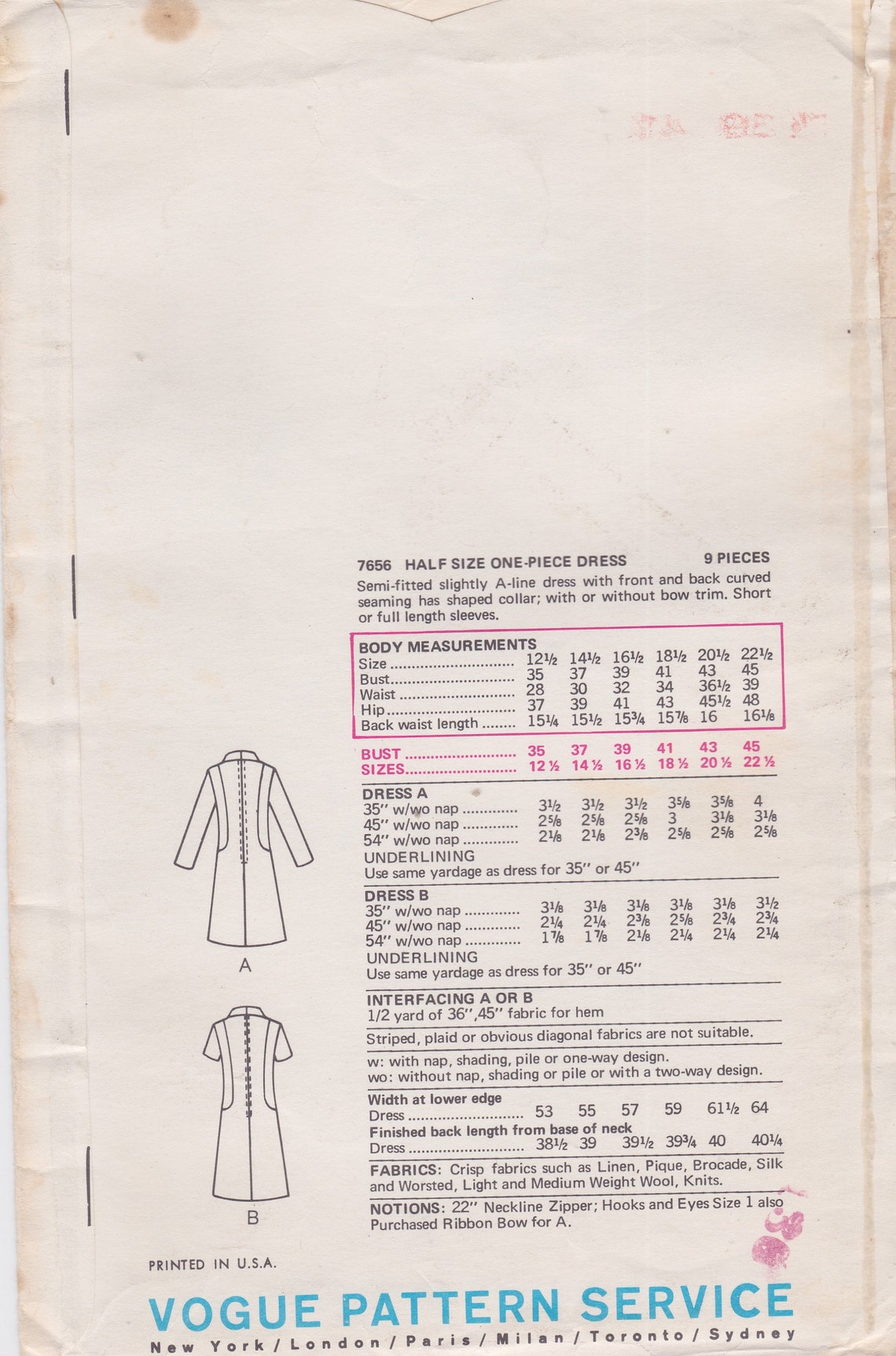 Vogue 7656 / Vintage 1970s Sewing Pattern / Dress / Bust 39 / - Etsy