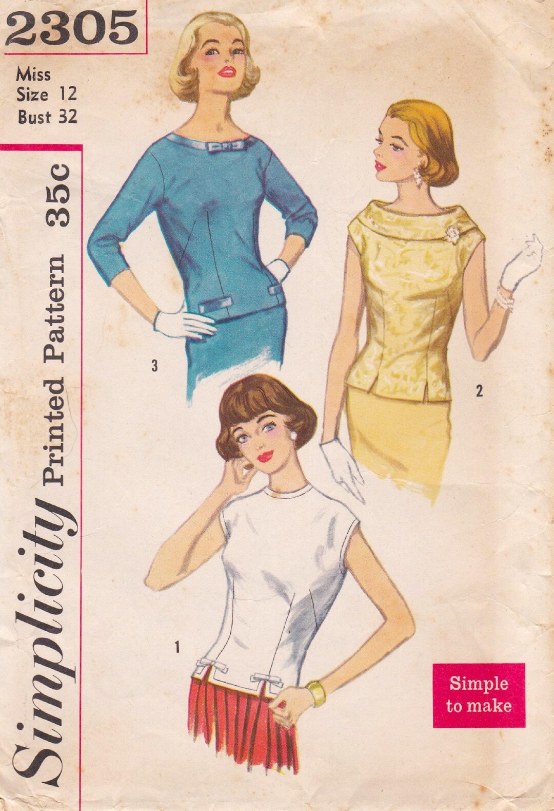 Simplicity 2305 Vintage 1950s Sewing Pattern Blouse Shirt Top ...