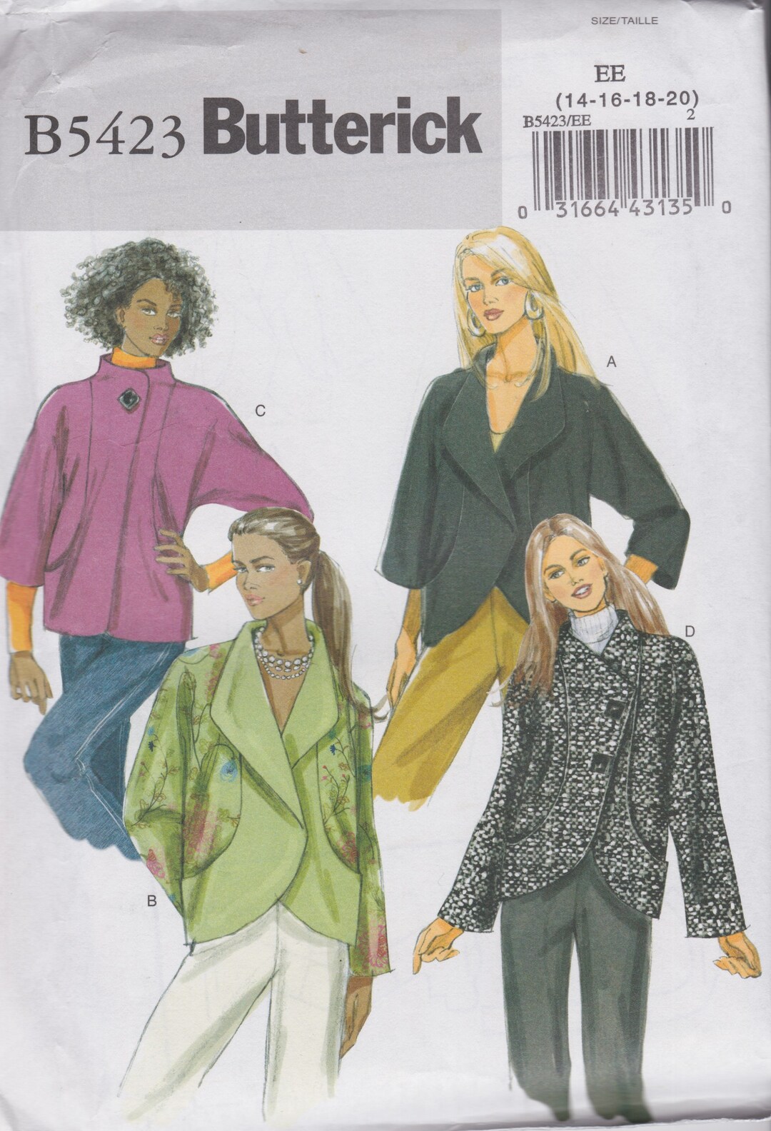 Butterick 5423 Sewing Pattern Coat Jacket Sizes 14 16 18 20 Bust 36 38 ...