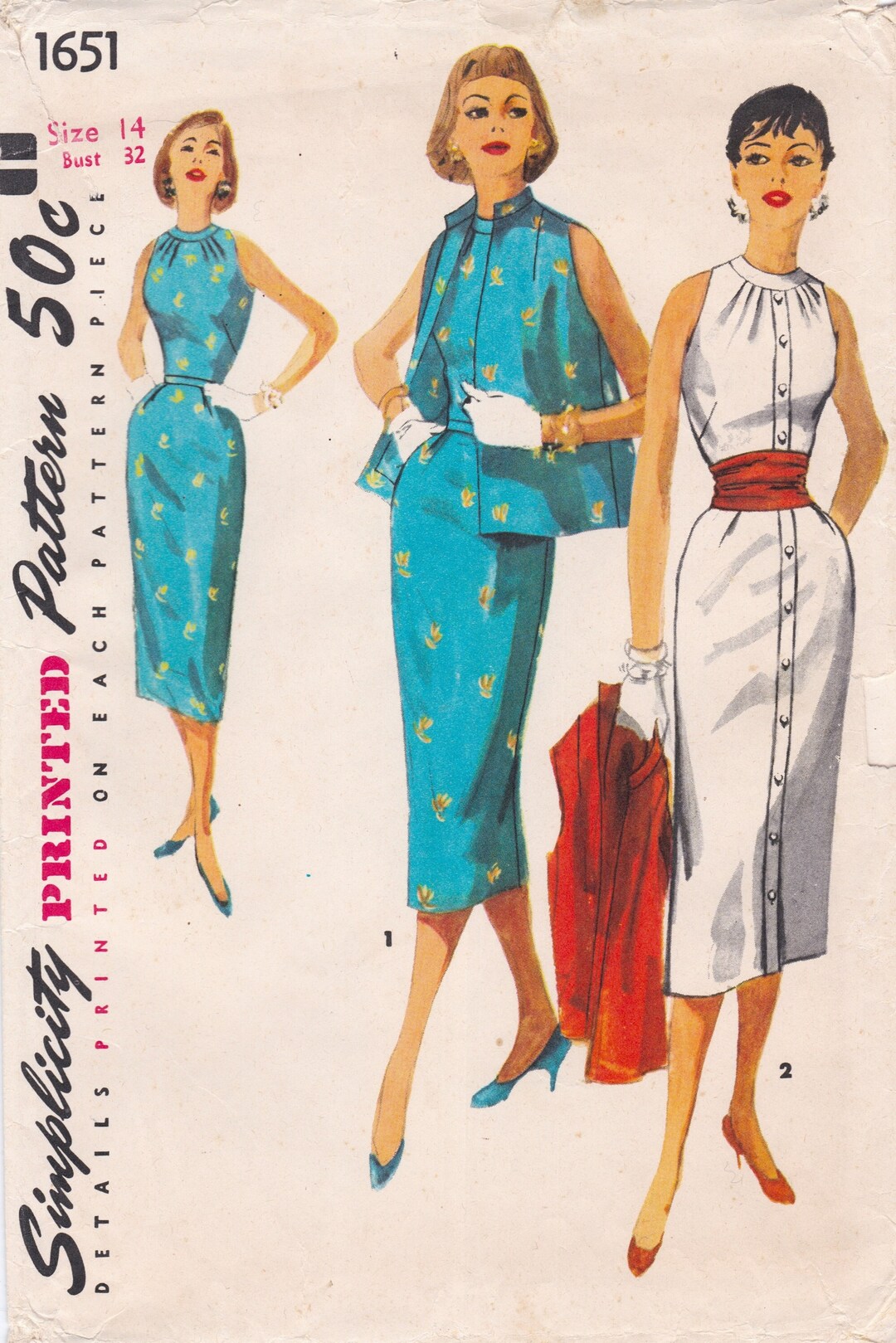 Simplicity 1561 Vintage 1950s Sewing Pattern Dress Cummerbund and ...