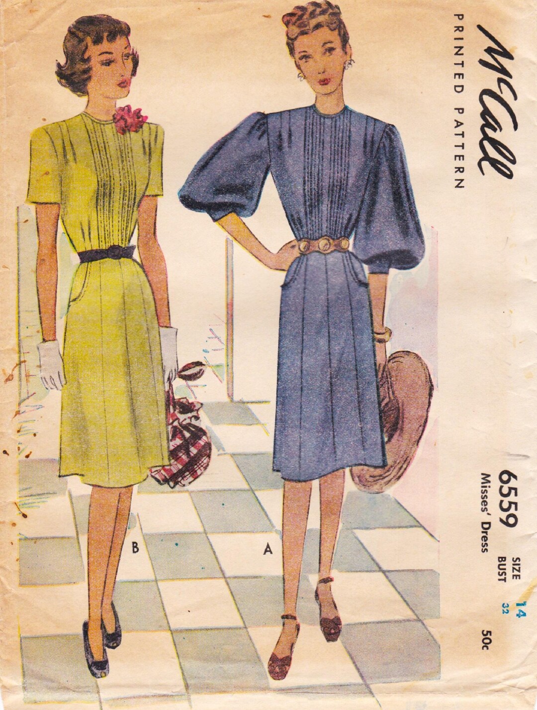 Mccall 6559 Vintage 1940s Sewing Pattern Dress Size 14 Bust 32 Unused - Etsy