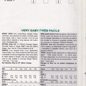 Very Easy Vogue 7831 Vintage Sewing Pattern Dress Sizes 14 16 18 Bust ...