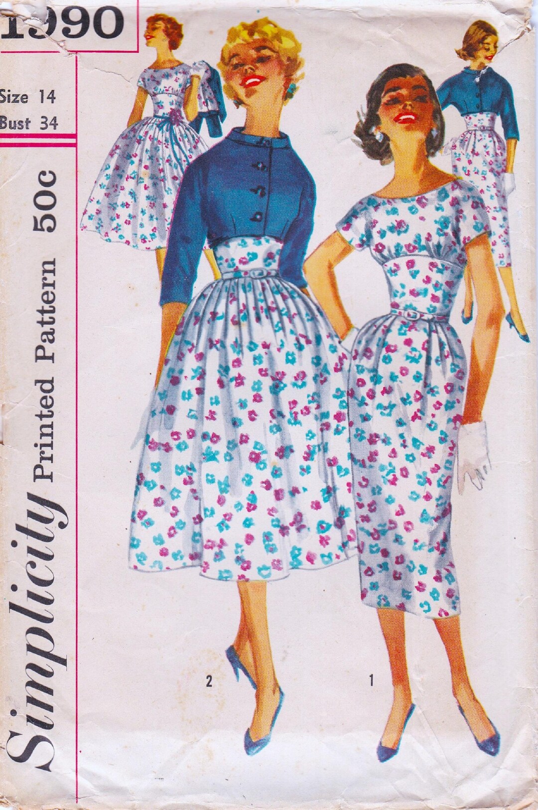 Simplicity 1990 Vintage 1950s Sewing Pattern Empire Dress and Bolero Raised Waistjacket Size 14 ...
