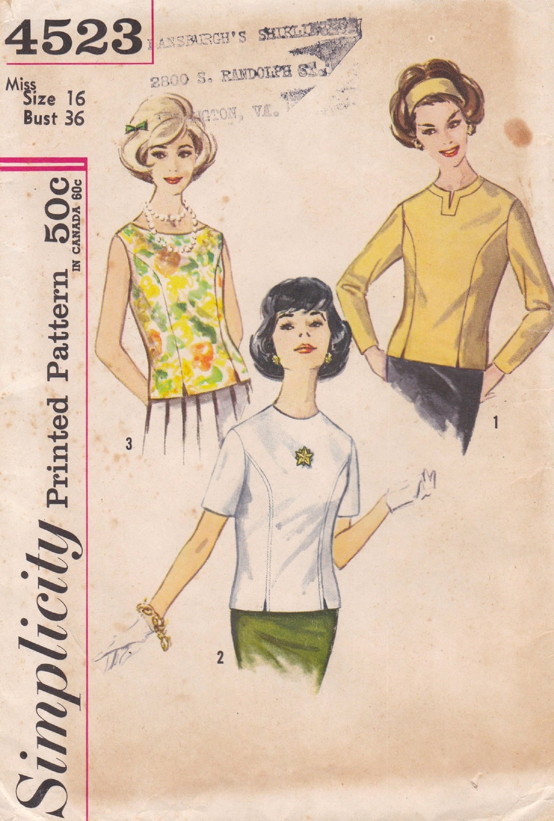 Simplicity 4523 Vintage 1960s Sewing Pattern Blouse Shirt Top Size 16 ...