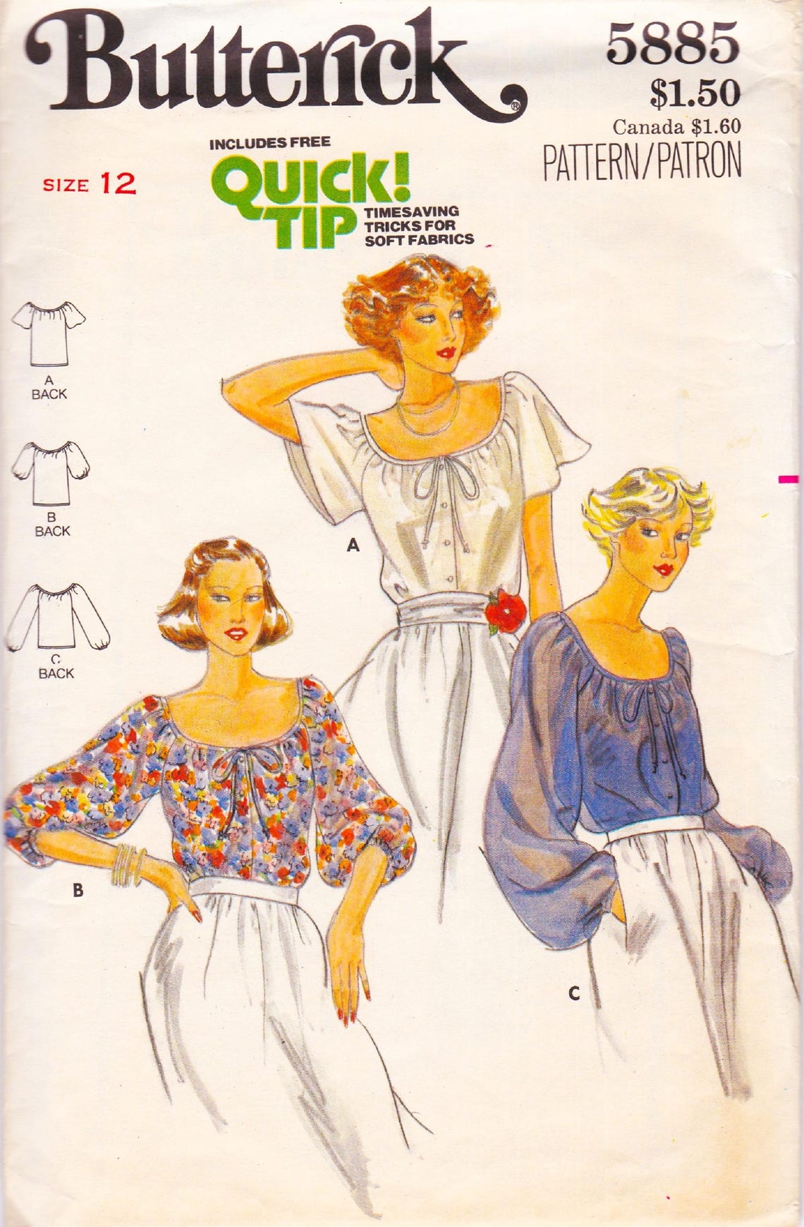 Butterick 5885 Vintage Sewing Pattern Raglan Sleeve Blouse Shirt Top ...
