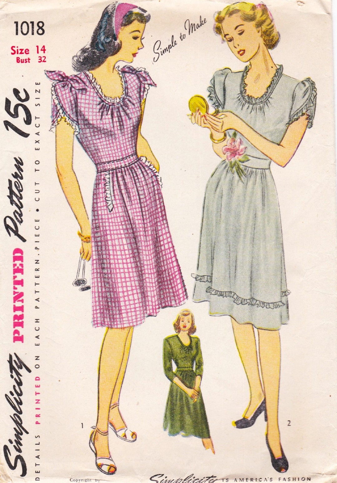 Simplicity 1018 Vintage 1940s Sewing Pattern Dress Size 14 Bust 32 ...