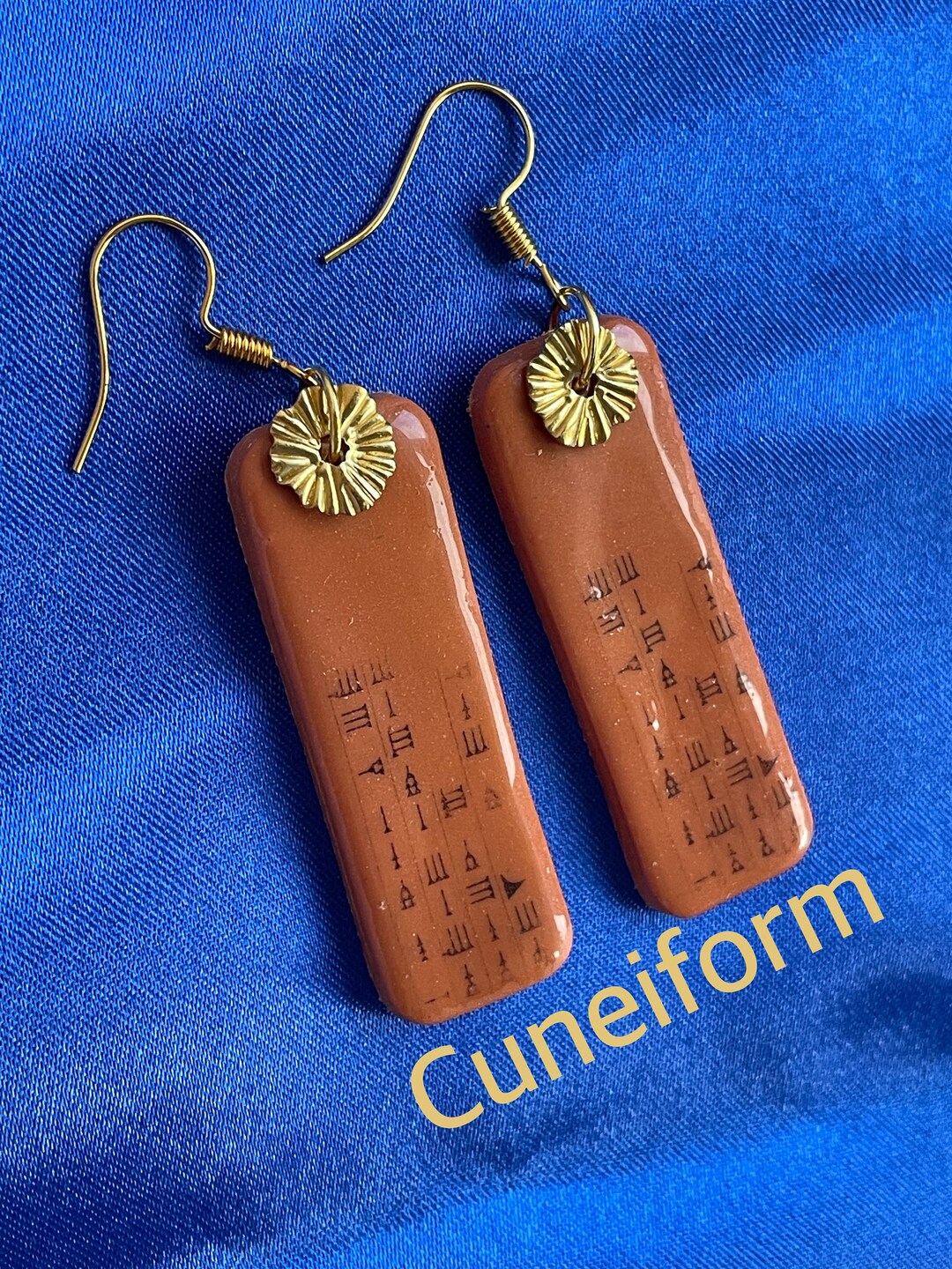 Cuneiform Earrings / Gold Brown Sumerian Mesopotamia Handmade Brass ...