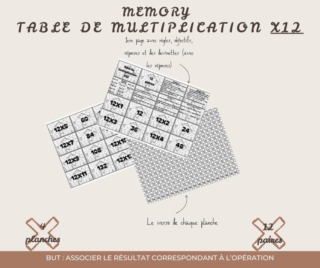 Multiplication Table X12 - Printable Memory Game - Math Flashcards - 12 ...