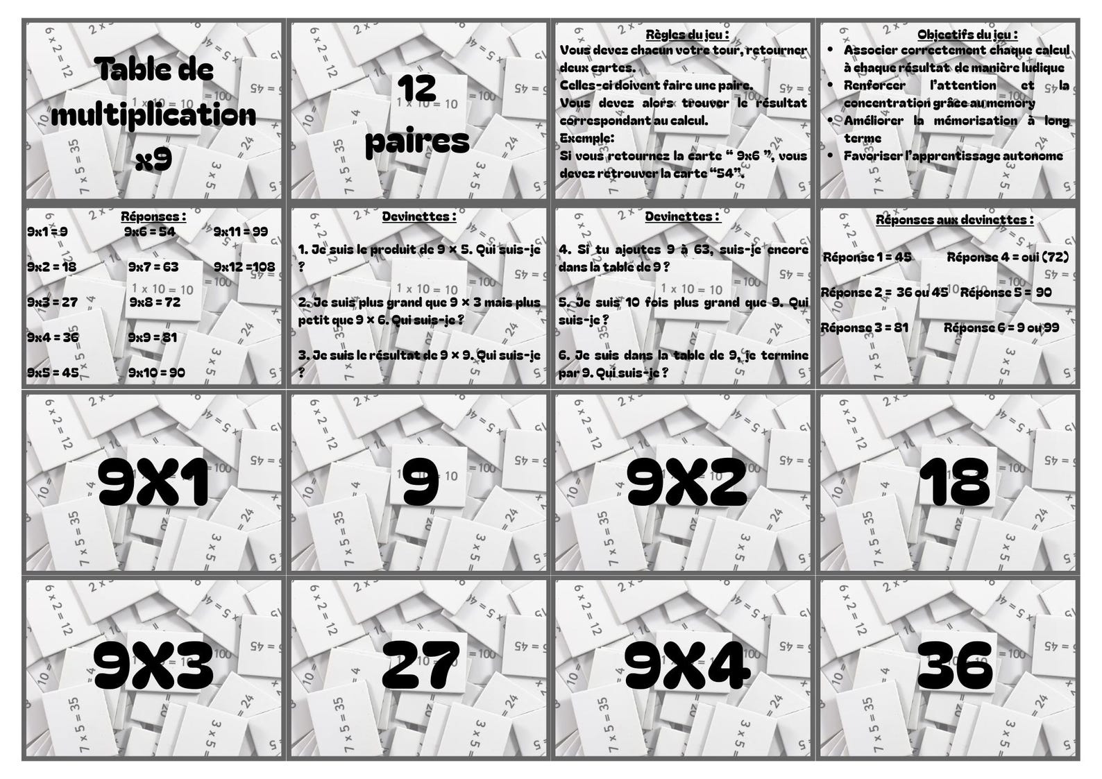 Multiplication Table X9 - Printable Memory Game - Math Flashcards - 12 ...