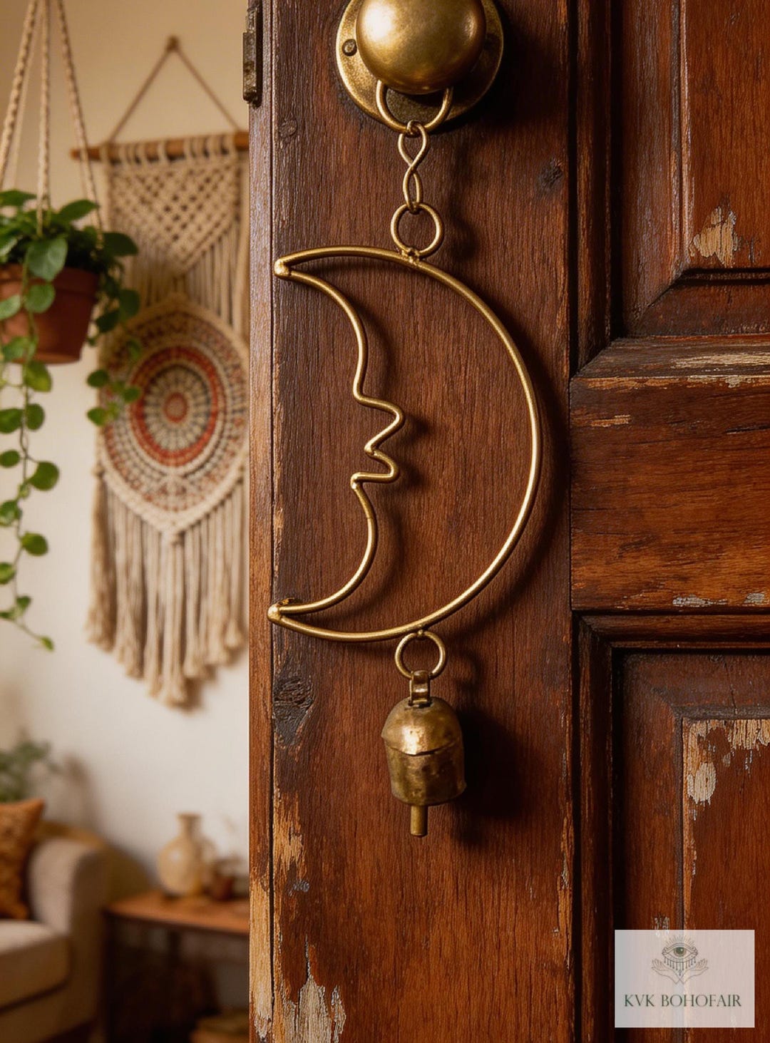 Crescent Moon Bell Chime - Handcrafted Artisan Boho Metal Garden Decor ...