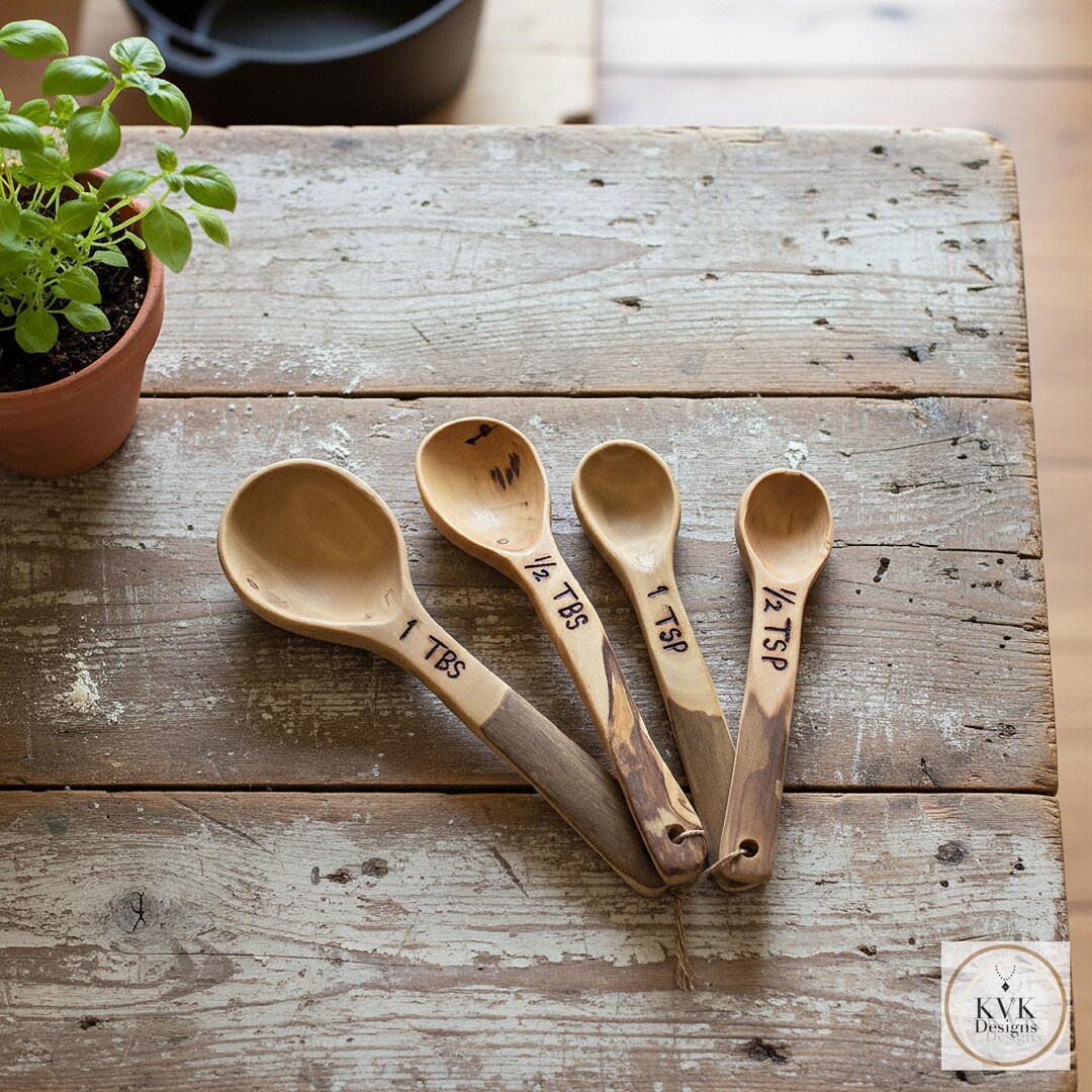 Coffee Root Wood Measuring Spoons - Set of 4, Rustic Kitchen Utensils ...