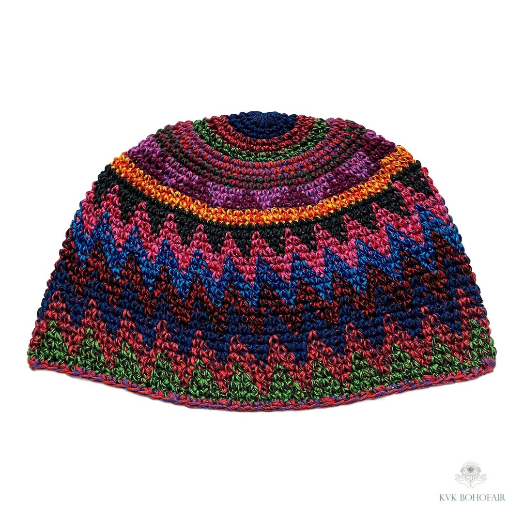 Bright Multi Color Zig Zag Kufi Skull Cap - Crocheted Beanie Hat ...