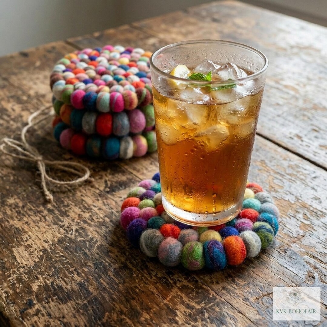 Colorful Wool Felt Ball Coaster Set, Handmade Drink Mug Rug, Eco Cup ...