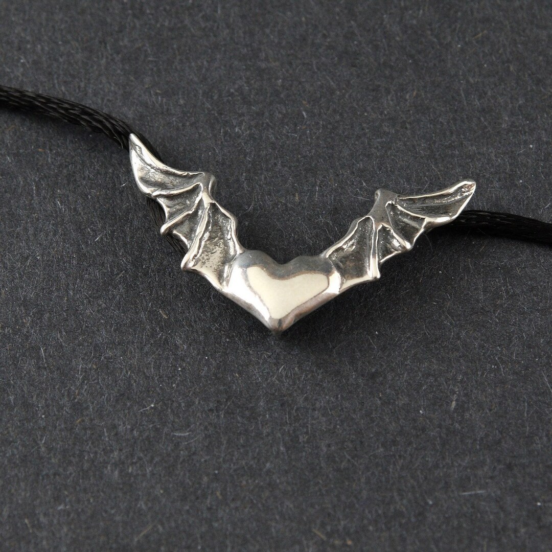 Heart in Flight Bat Wings Sterling Silver Necklace on Sterling Silver ...