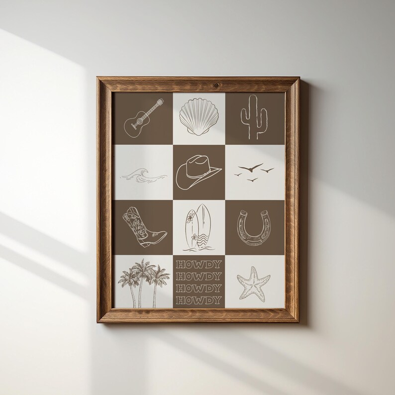 Neutral Coastal Cowgirl Wall Art, Retro Checkered Poster, Western Wall ...