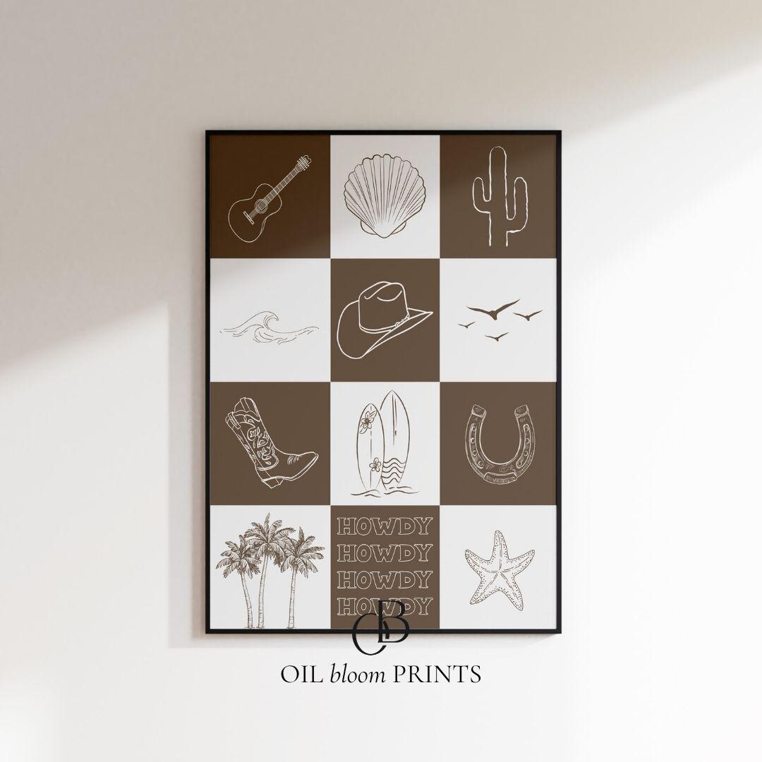 Coastal Cowgirl Print: Beachy Wall Art, Retro Checkered Western Artwork ...