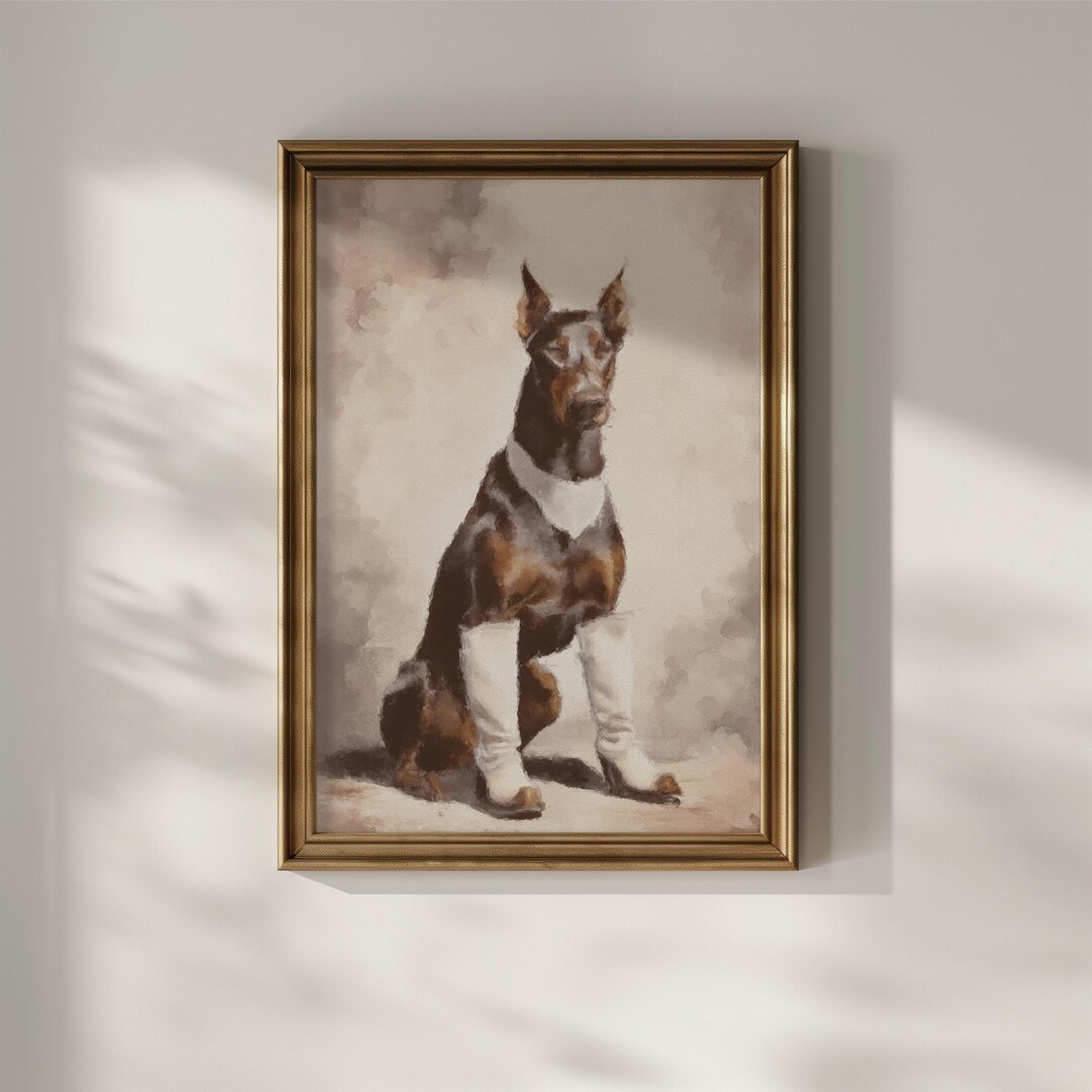Doberman Dog Wall Art, Western Dog in Cowboy Boots, Oil Painting ...
