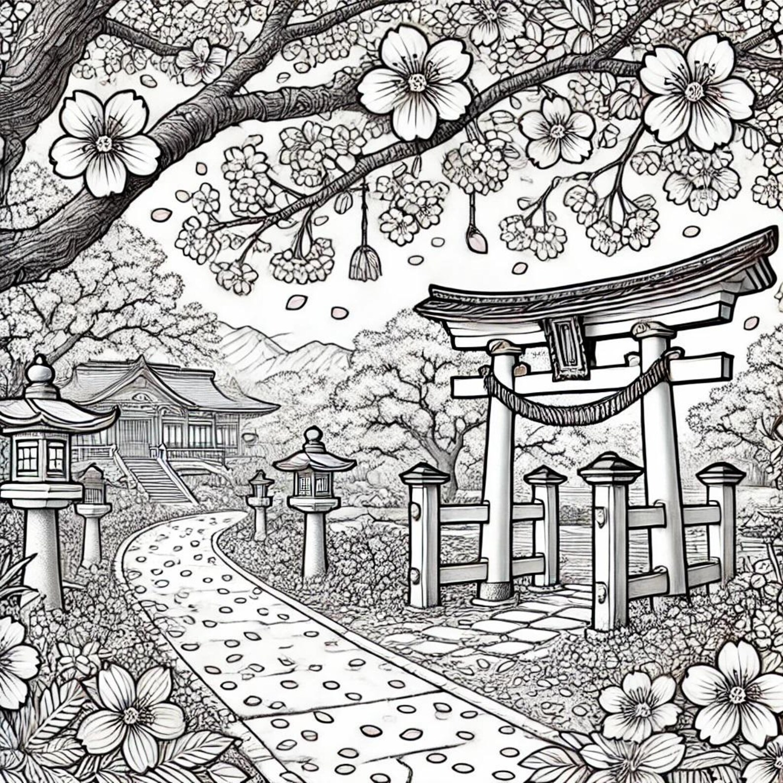 Japanese Cherry Blossom Coloring Page – Torii Gate & Scenic Path ...