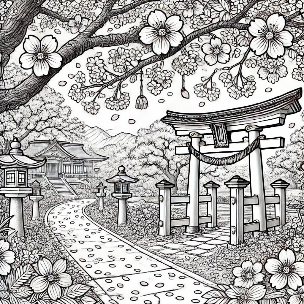 Japanese Cherry Blossom Coloring Page – Torii Gate & Scenic Path ...