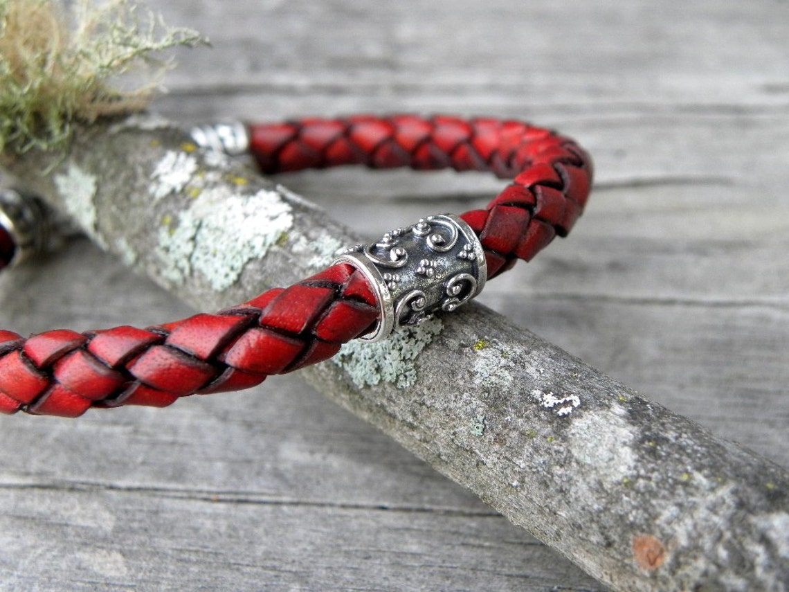 SALE Sterling Silver Red Leather Bracelet Braided Rustic - Etsy