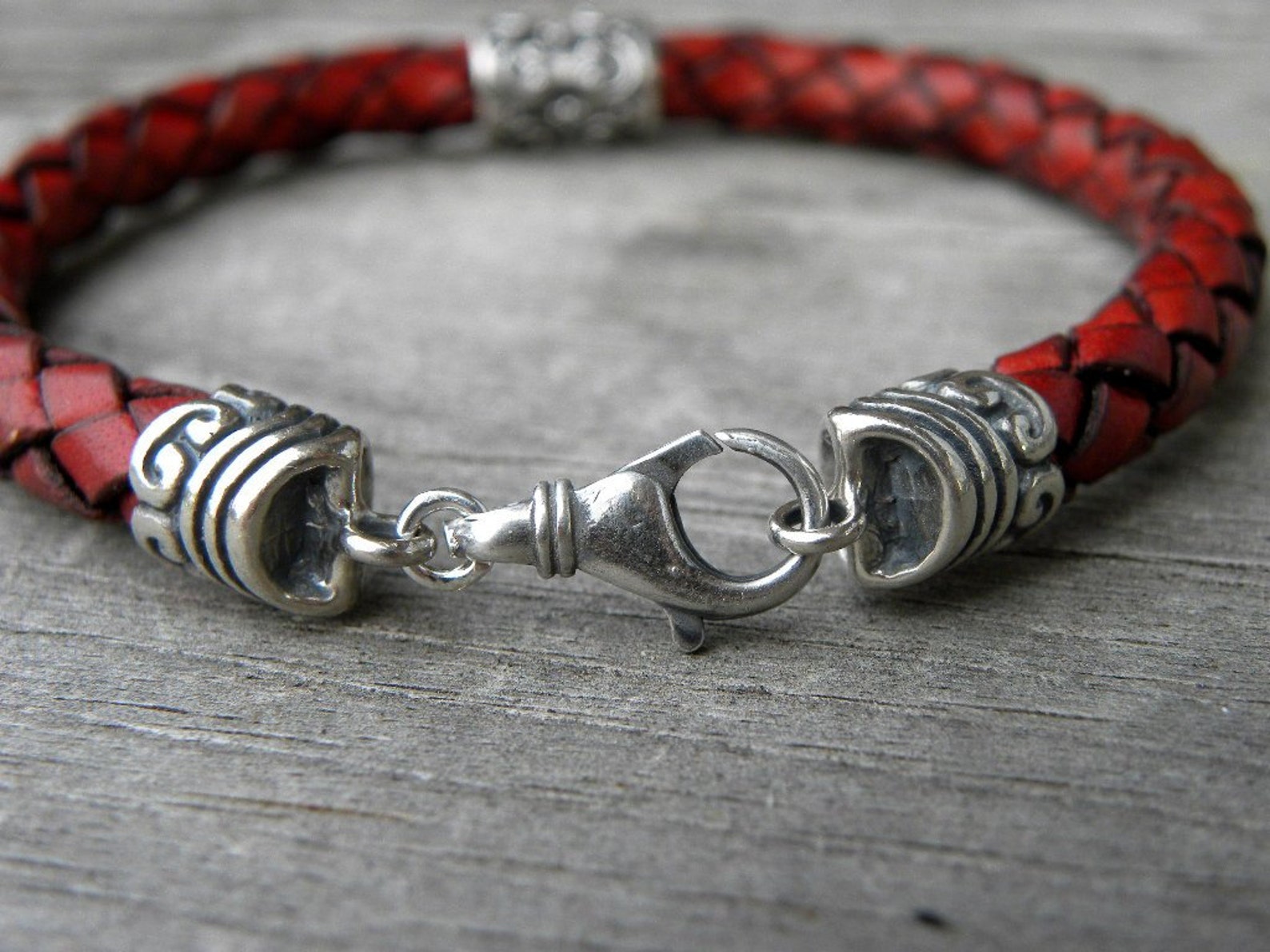 SALE Sterling Silver Red Leather Bracelet Braided Rustic - Etsy