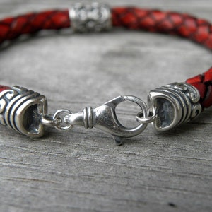 SALE Sterling Silver Red Leather Bracelet Braided Rustic Unisex Bangle ...