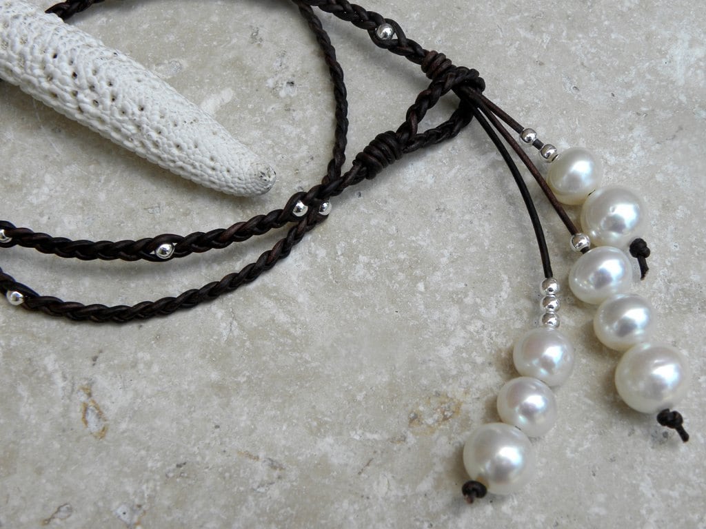 Pearls Sterling Silver And Braided Leather Necklace Lariat Etsy