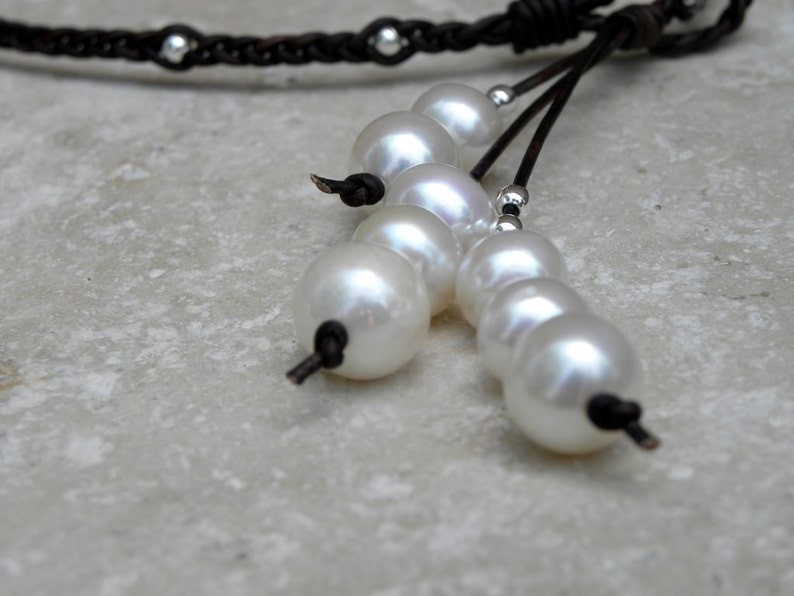Pearls Sterling Silver And Braided Leather Necklace Lariat Etsy