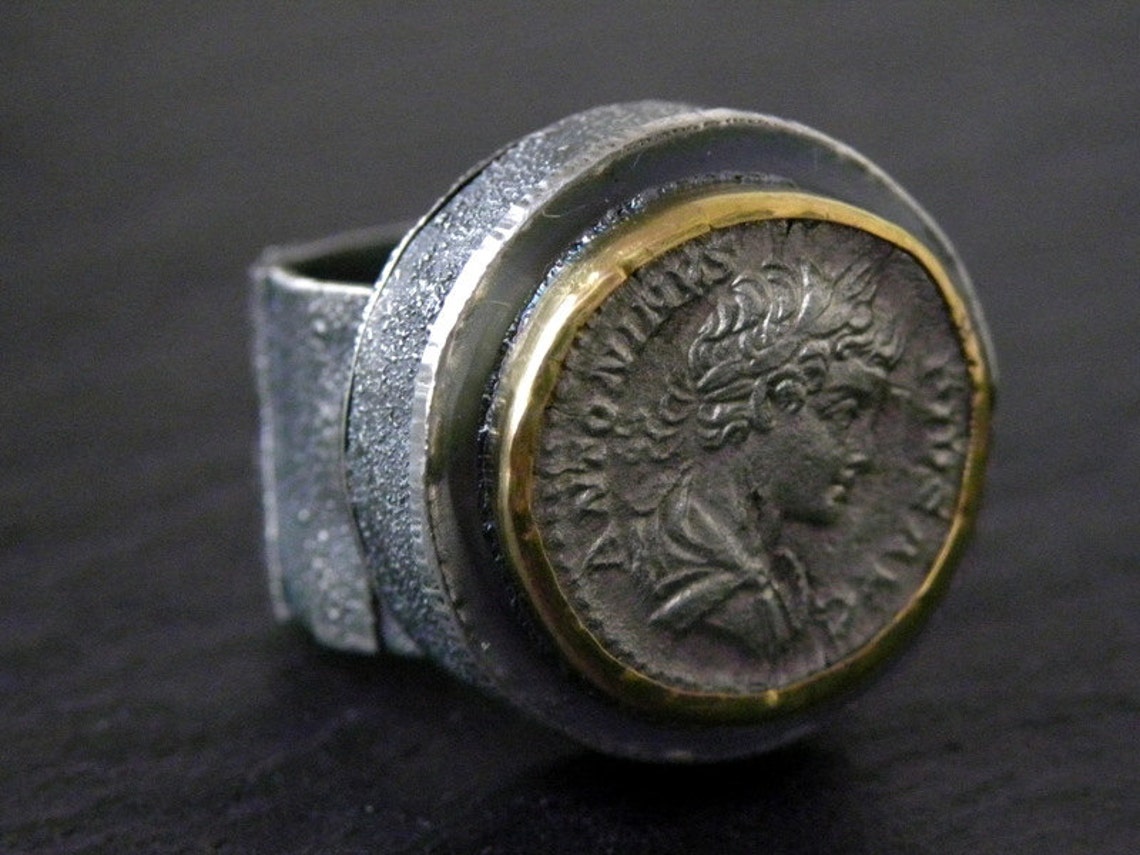 SALE Ancient Roman Coin Gold Ring Silver Denarius Statement | Etsy
