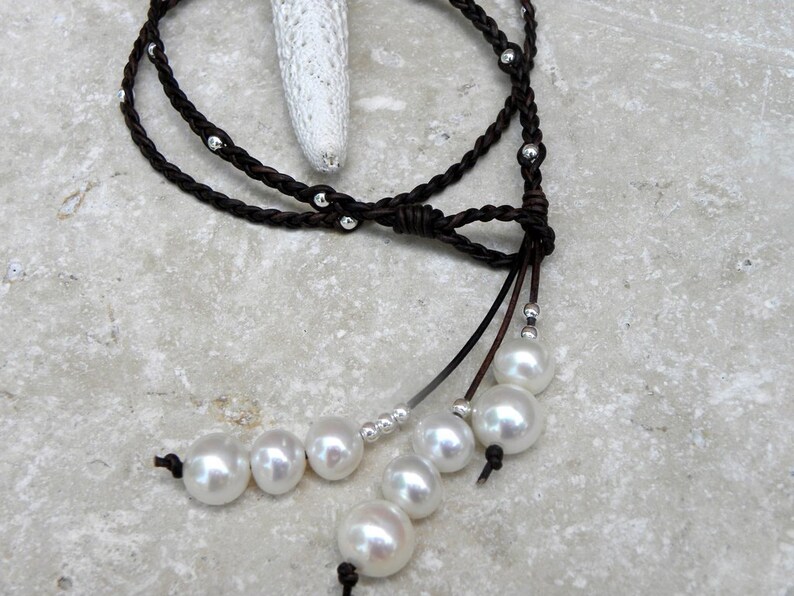 Pearls Sterling Silver And Braided Leather Necklace Lariat Etsy