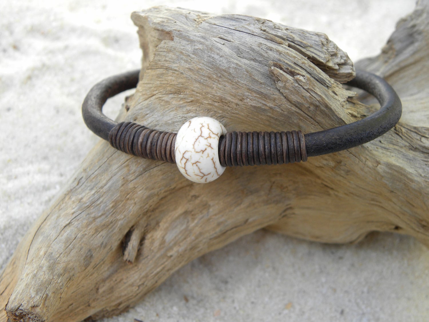 Leather and Turquoise Bangle Bracelet Modern Country Beach | Etsy