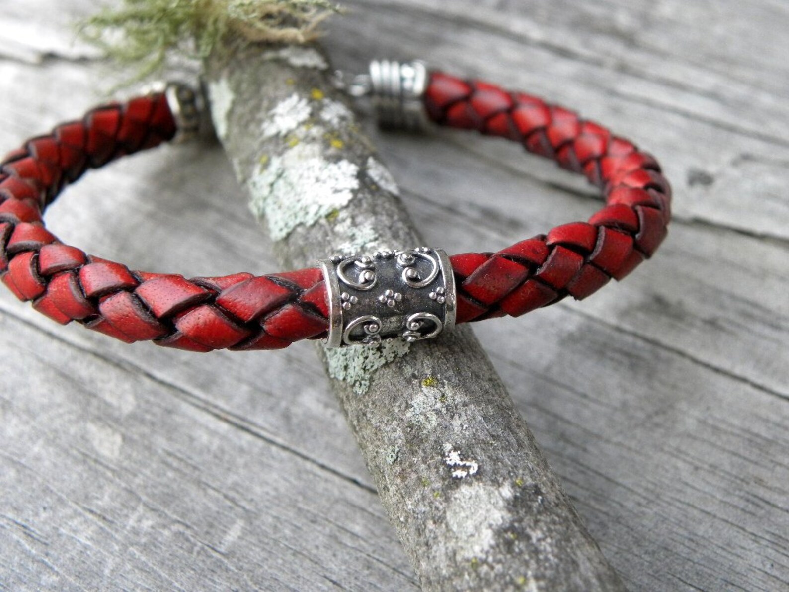 SALE Sterling Silver Red Leather Bracelet Braided Rustic - Etsy