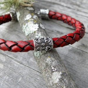 SALE Sterling Silver Red Leather Bracelet Braided Rustic Unisex Bangle ...